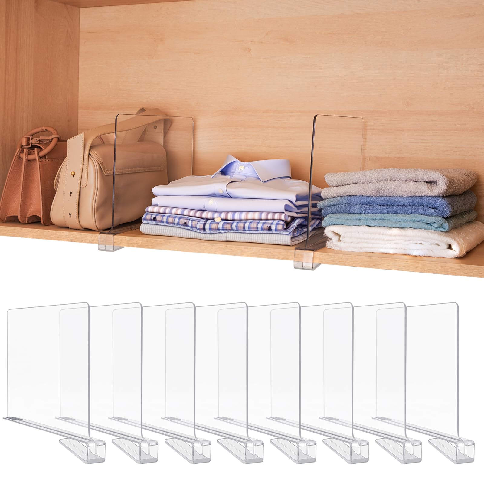 JEAWIWI Shelf Dividers for Closet Organization, Clear Acrylic Closet Shelf Divider Shelves Clothes Purses Separators, Plastic Shelves Organizer for Bedroom, Kitchen, Office, Cabinet, 8 Pack