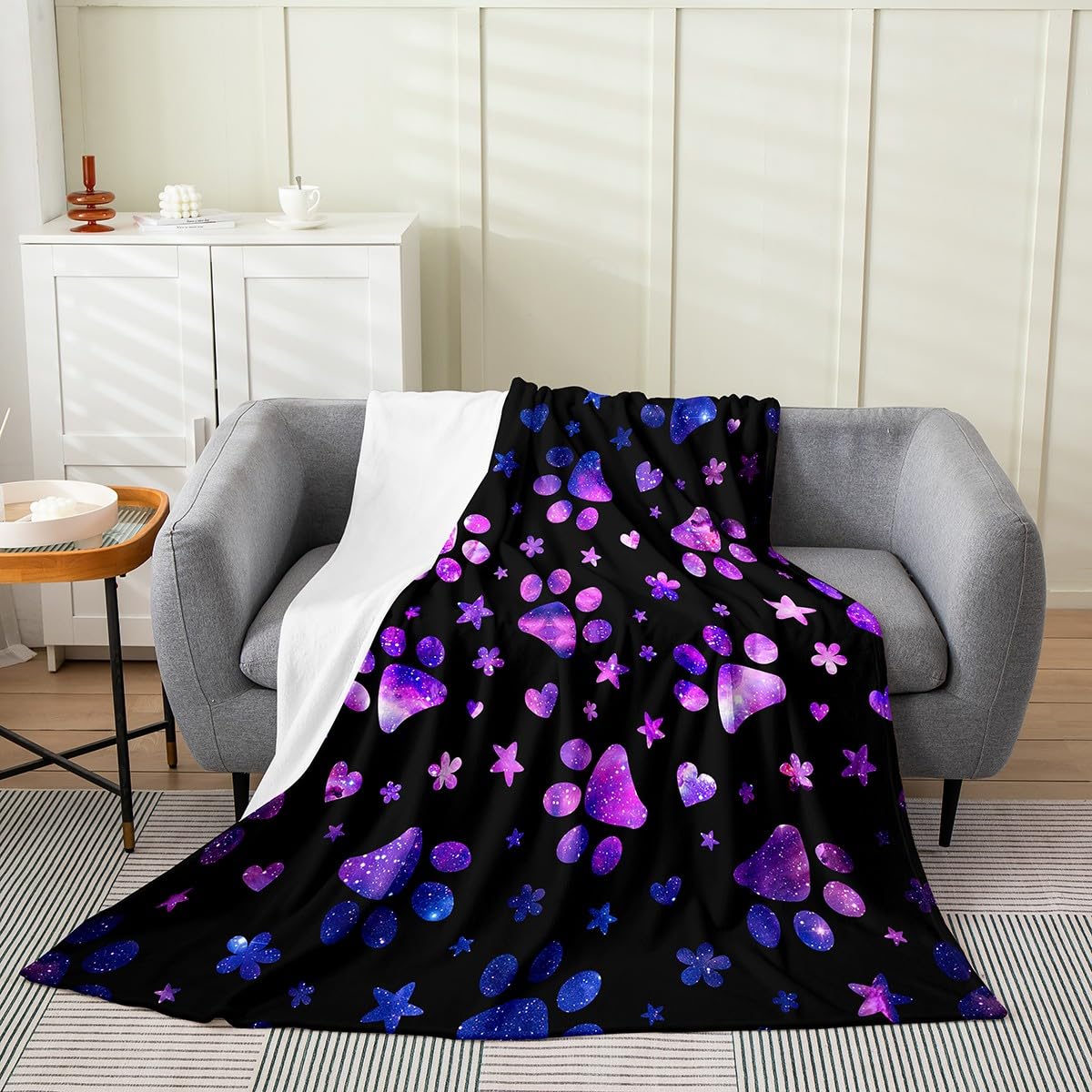 Feelyou Dog Paw Print Flannel Fleece Throw Blanket for Bed Sofa Couch Kids Queen 90"x90" Purple Galaxy All Season Bed Blanket Room Decorative Puppy Pets Animal Themed Fuzzy Blanket Cute Cartoon