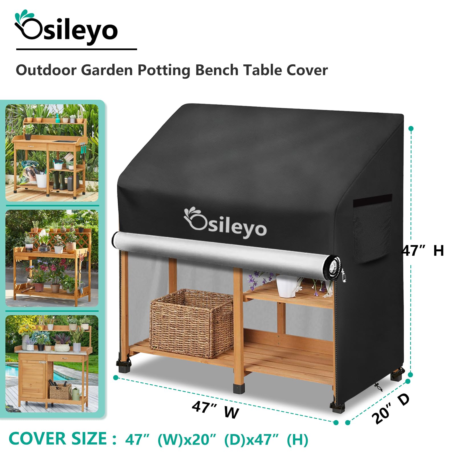 Osileyo Outdoor Garden Potting Bench Table Cover with Split Zipper,600D Tough Canvas Waterproof Anti-UV All Season Weather Complete Protection Cover.(47" x 20" x 47"),Black