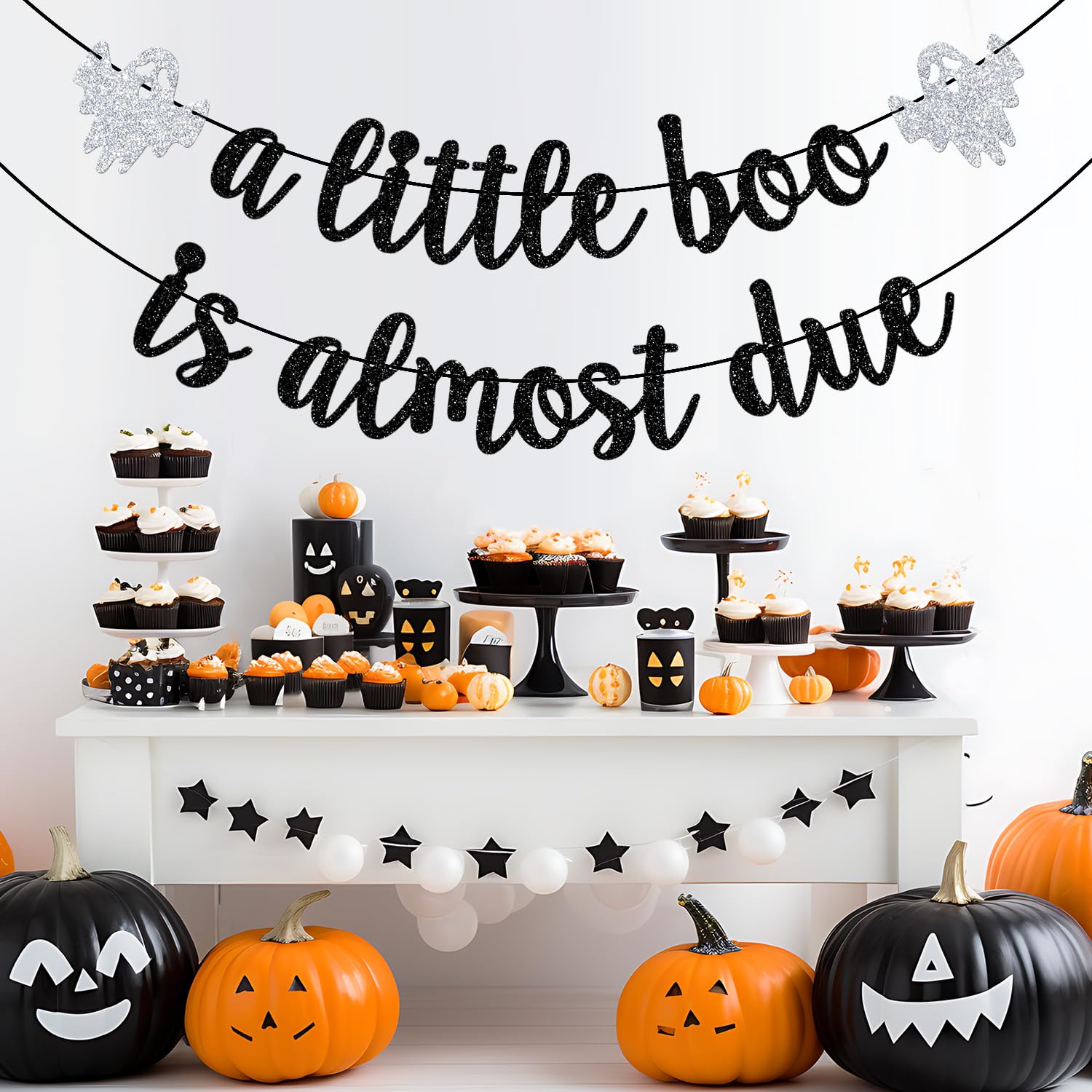 A Little Boo is Almost Due Banner, Halloween Baby Shower Banner, Fall Halloween Baby Shower Gender Reveal Party Decorations, Black Glitter