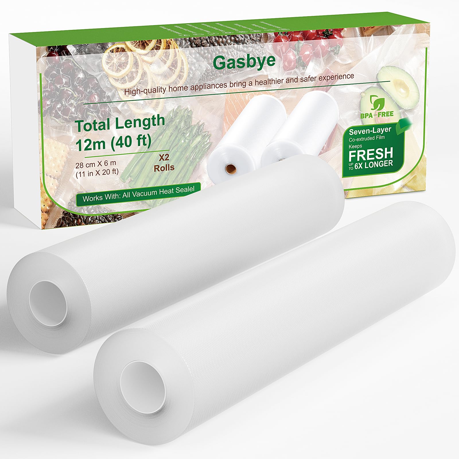 Gasbye Vacuum Sealer Bags, 2 Pack 11"x 20' Rolls Bags, BPA-Free Commercial Grade, Durable Customized Size for Airtight Food Storage, Meal Prep or Sous Vide Cooking