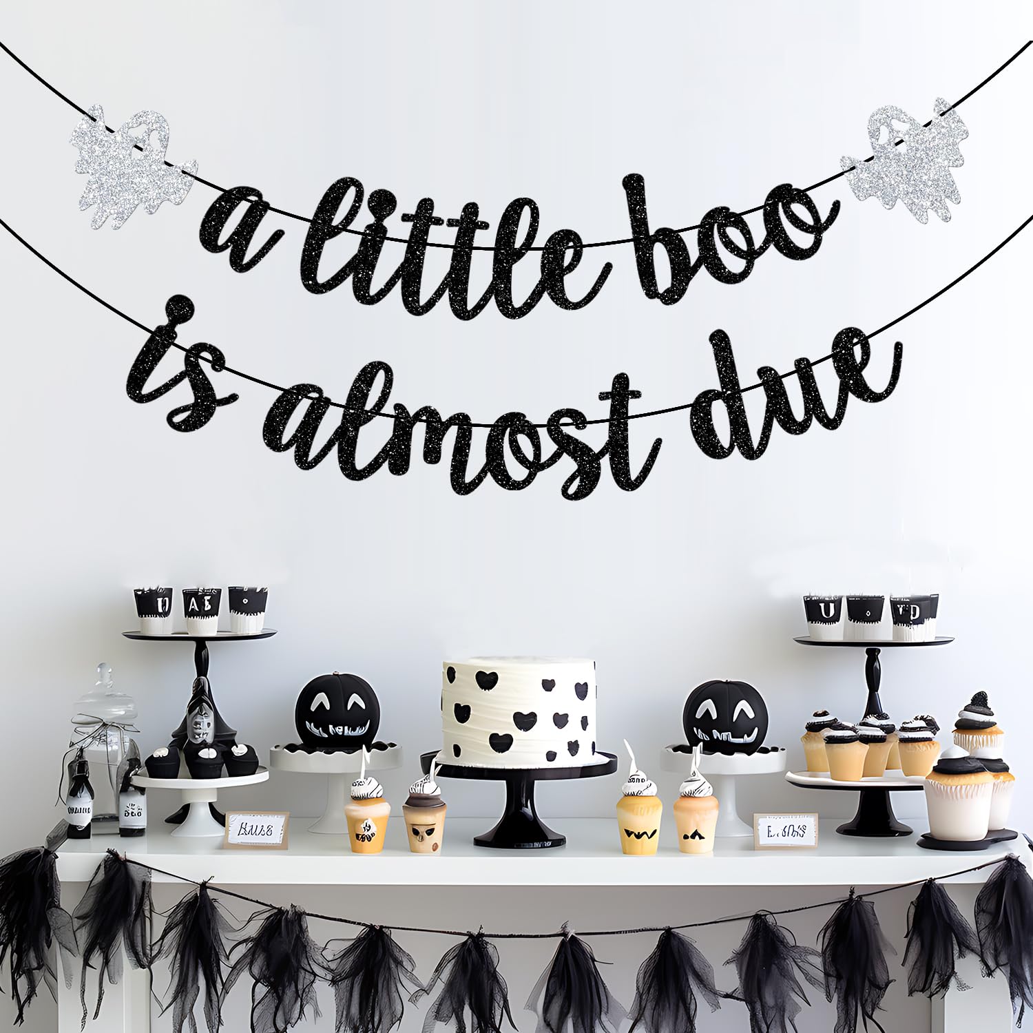 A Little Boo is Almost Due Banner, Halloween Baby Shower Banner, Fall Halloween Baby Shower Gender Reveal Party Decorations, Black Glitter