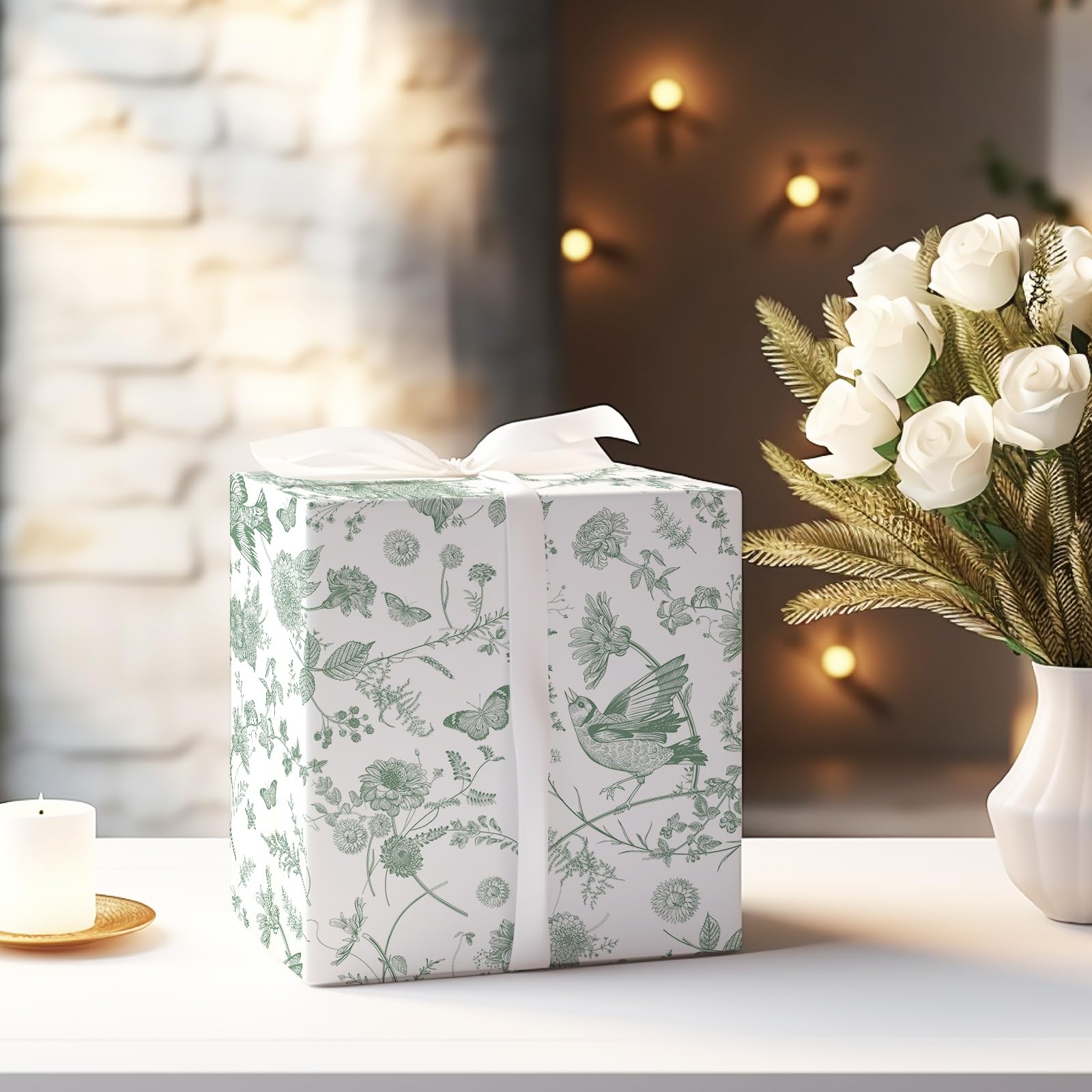 JarThenaAMCS 8 Sheet Sage Green Floral Wrapping Paper -Not Roll- Flower Birds Butterfly Gift Wrap Paper White Green Folded Flat Art Paper for Birthday Wedding DIY Crafts, 19.7 x 27.6 Inch