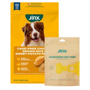 jinx premium dry dog food + bonus chicken topper. chicken, brown rice, sweet potato kibble (11.5lb), for all lifestages with superfoods & probiotics