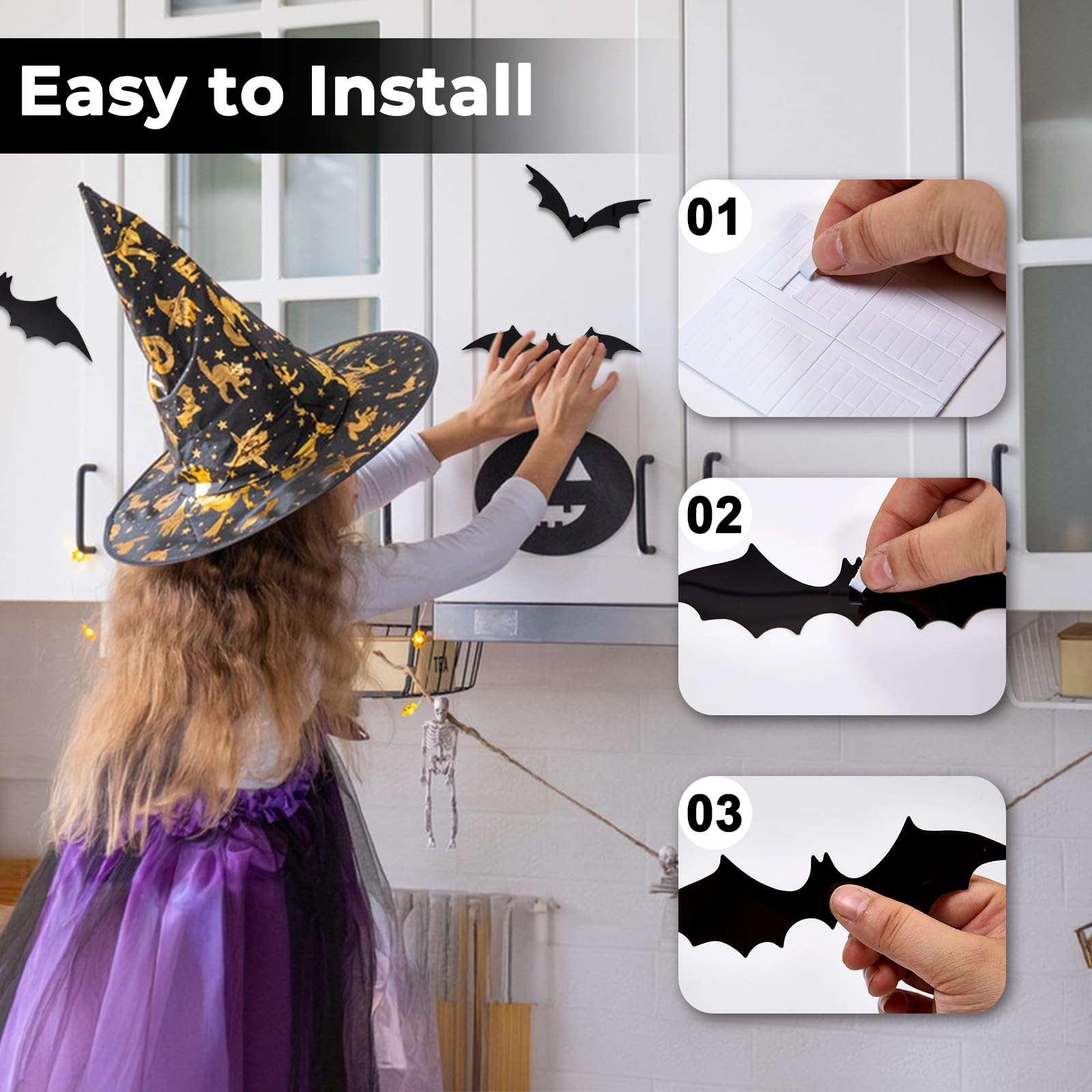 Halloween Decorations Indoor Set, 52pcs Halloween Party Decorations, Halloween 3D Bats |Spiderweb Table Runner & Cobweb Fireplace Mantel Scarf | Spooky Happy Halloween Banner for Home Indoor Decor