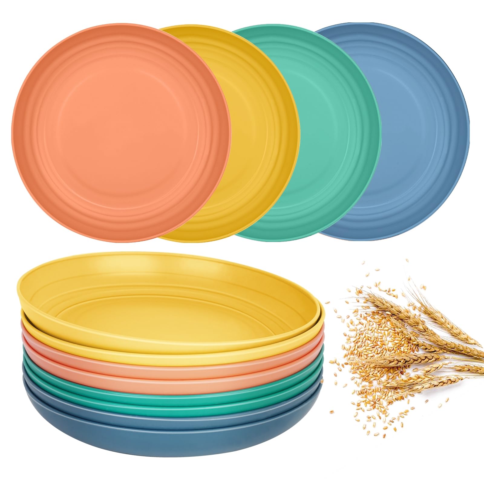 Benestanti Wheat Straw Plates - 10 Inch Unbreakable Dinner Plates Set of 8- Dishwasher & Microwave Safe Plastic Plates Reusable - Lightweight Plates for kitchen,camping (Colorful Series)