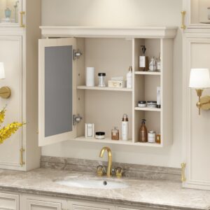 lumisol wall mounted bathroom storage cabinet with mirror door, modern bathroom wall cabinet with 6 open storage shelves, wooden medicine cabinet for bathroom, living room, beige