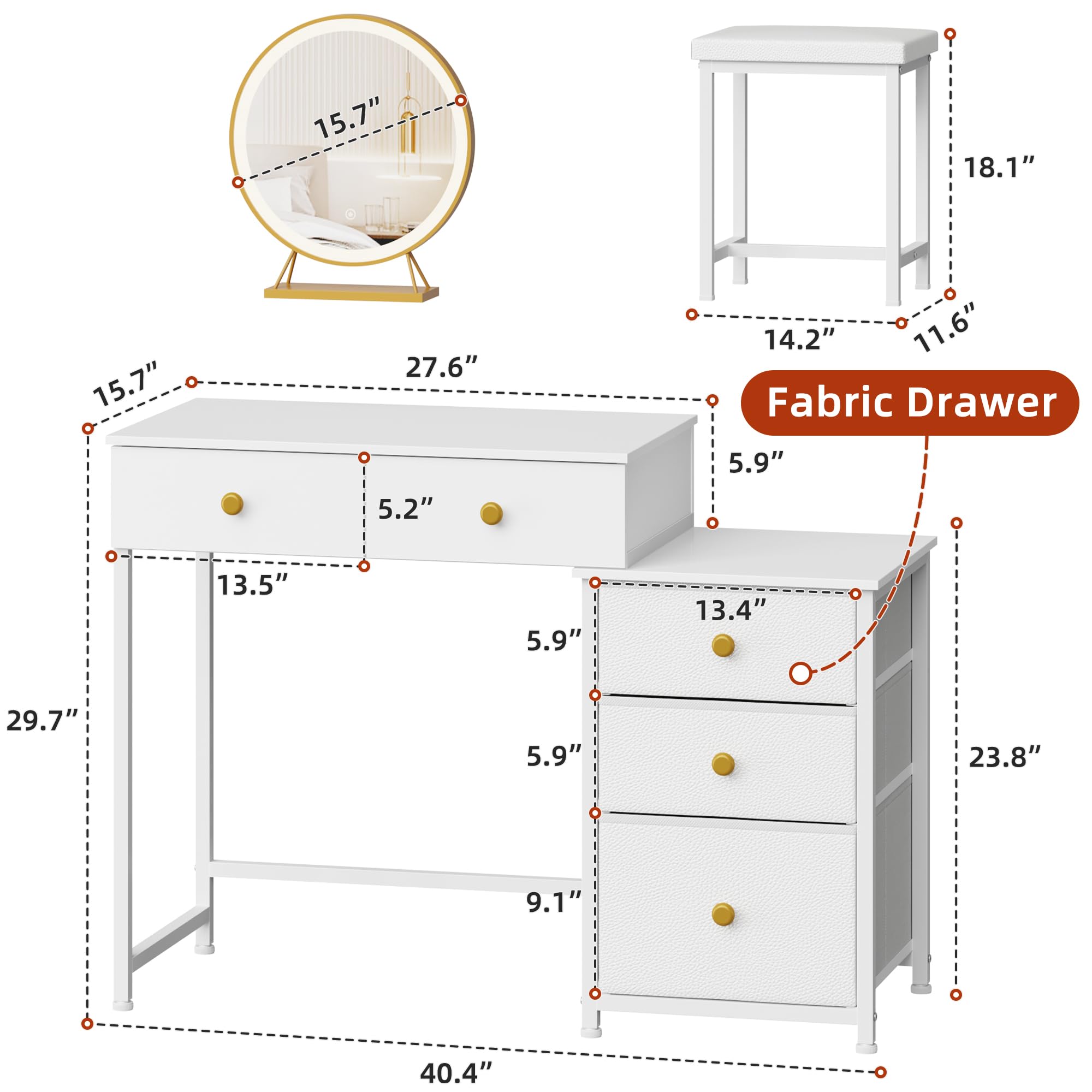 DSAFGGY Vanity Desk with Lighted Mirror and Stool, Makeup Vanity with 5 Drawers(3 Fabric), 3 Lighting Modes LED Mirror, Vanity Table for Bedroom Dresser Vanity Set, Girls Women Gift, White, 40.4" W