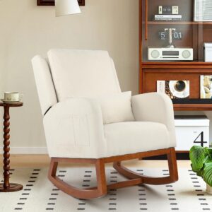 dagonhil glider chair nursery rocking chair, high back armchair with side pocket, upholstered accent chair with rubber wood legs and pillow, flannel chair for living room/bedroom/nursery, beige