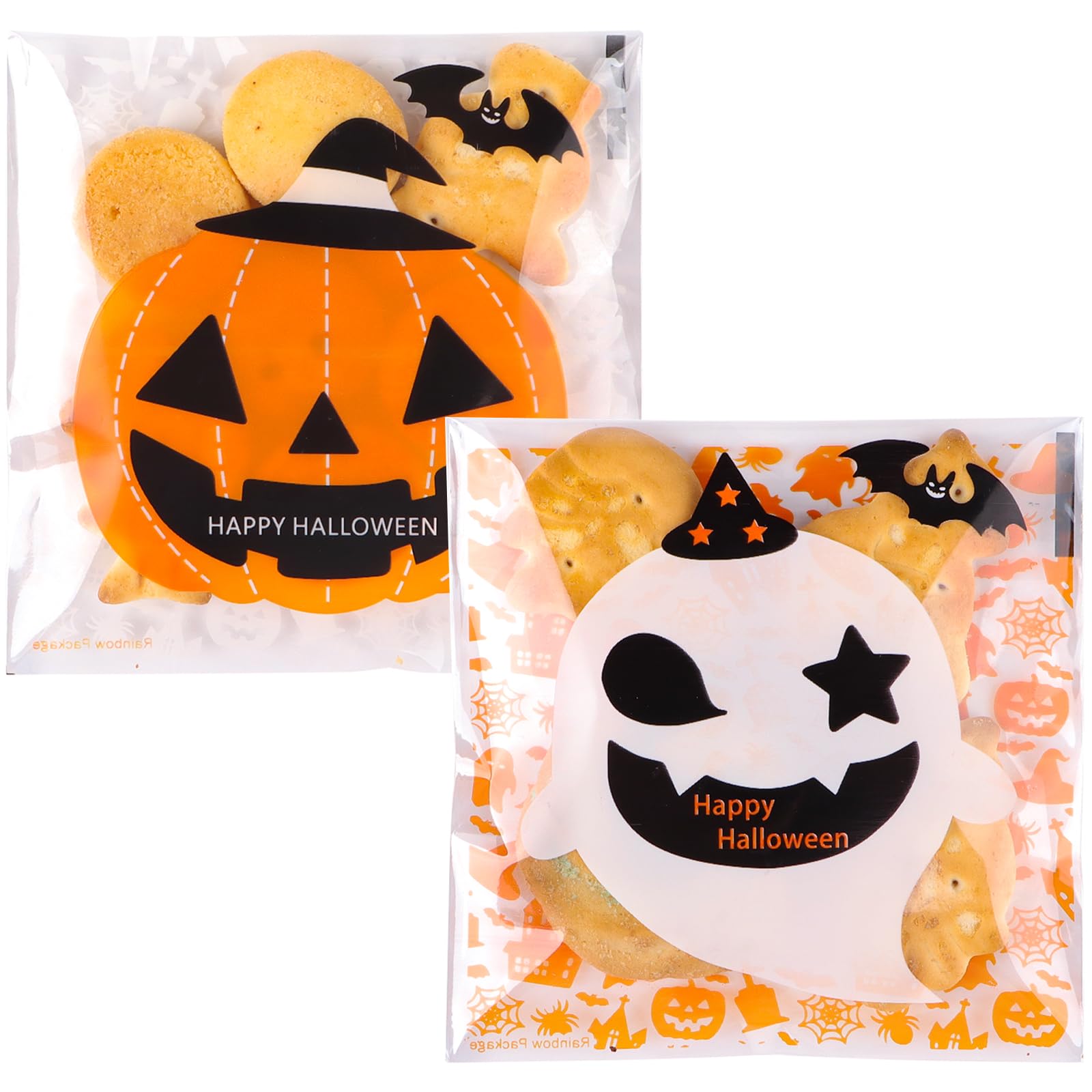 100pcs Halloween Cellophane Treat Bags Goodie Bags Self Adhesive Candy Bags Self Sealing Clear Cellophane Bags Trick or Treat Bags Bulk (Orange White)