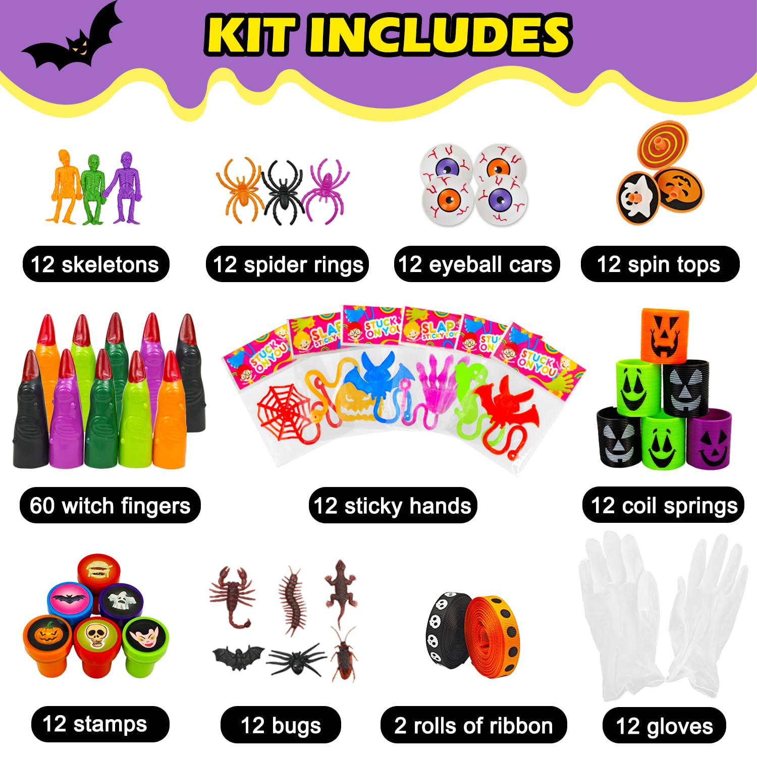 Halloween Party Favors Supplies for Kids, Gloves Stuffed Toys Gifts Bulk for Toddlers - Set of 12, Halloween Basket Goodie Bag Stuffer Fillers, Classroom Treats Prizes for Boys Girls