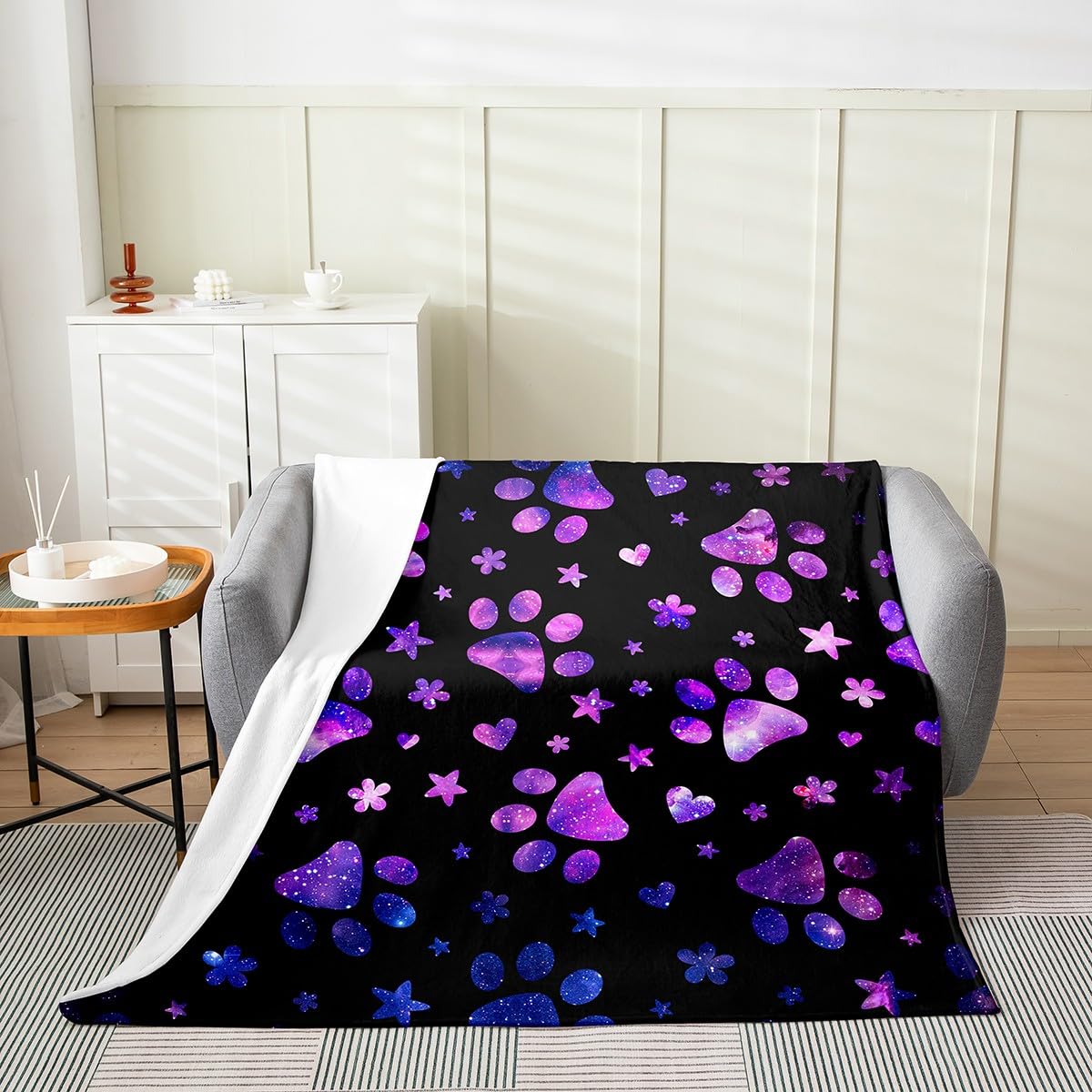 Feelyou Dog Paw Print Flannel Fleece Throw Blanket for Bed Sofa Couch Kids Queen 90"x90" Purple Galaxy All Season Bed Blanket Room Decorative Puppy Pets Animal Themed Fuzzy Blanket Cute Cartoon