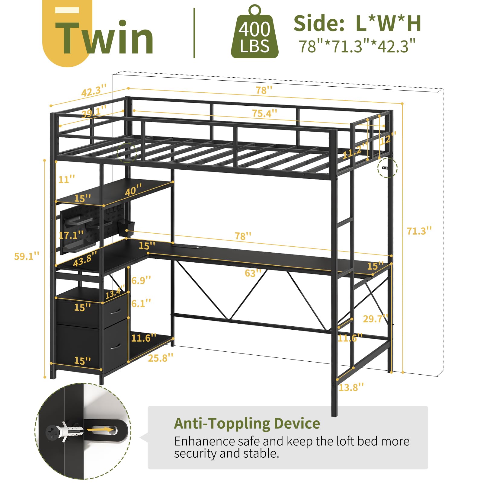 Yoobure Loft Bed Twin Size with Desk, Metal Twin Loft Bed Frame with Charging Station & Safety Guard, LED Loft Beds with 2 Storage Drawers for Kid Junior Adult, Heavy Duty, Space-Saving, Noise Free