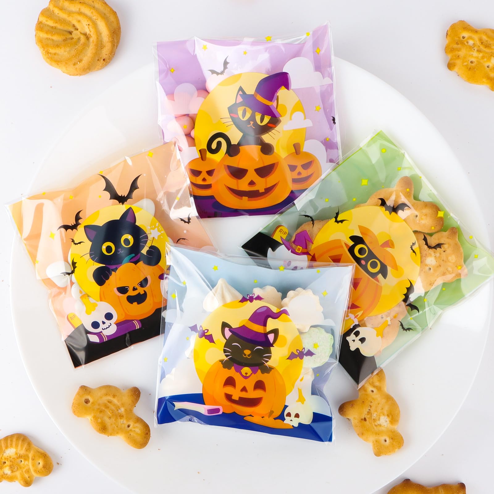 DDLP 100pcs Halloween Cellophane Treat Bags Goodie Bags Self Adhesive Candy Bags Self Sealing Clear Cellophane Bags Trick or Treat Bags Bulk (Multicolour)