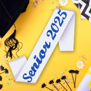 Generic Senior Sash 2025, Graduation Sash White with Blue Glitter Letter, Finally Graduated, Class of 2025 Sash for Graduation Party, Cheerleader Party Celebration Decorations