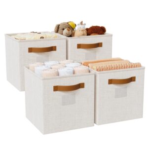 13"x13" cube boxes, cube storage bins with handles for closet,foldable linen storage bins with handles for clothes, yarns, towels, blankets,toys, beige, 4 pack