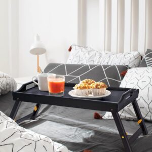 Mayyol Large Breakfast Bed Tray for Eating - Height Adjustable Raised Food Table - Bamboo Serving Tray on Lap Sofa - Portable Snack Platter with Folding Legs Ideal for Bedroom Picnic - Black