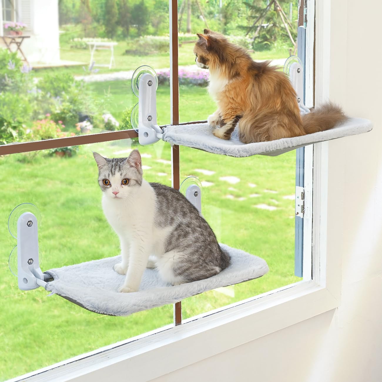 Zoratoo 2PC Cat Window Perch Cordless Foldable Cat Hammock Bed for Window with Metal Frame and Reversible Cover, Large Suction Cups Window Resting Seat for Indoor Cats (Cat Bed, L-2PC)