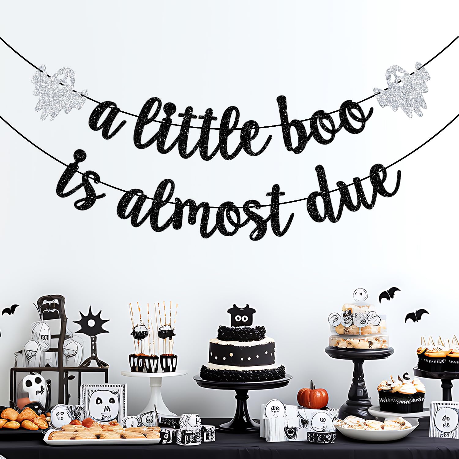 A Little Boo is Almost Due Banner, Halloween Baby Shower Banner, Fall Halloween Baby Shower Gender Reveal Party Decorations, Black Glitter