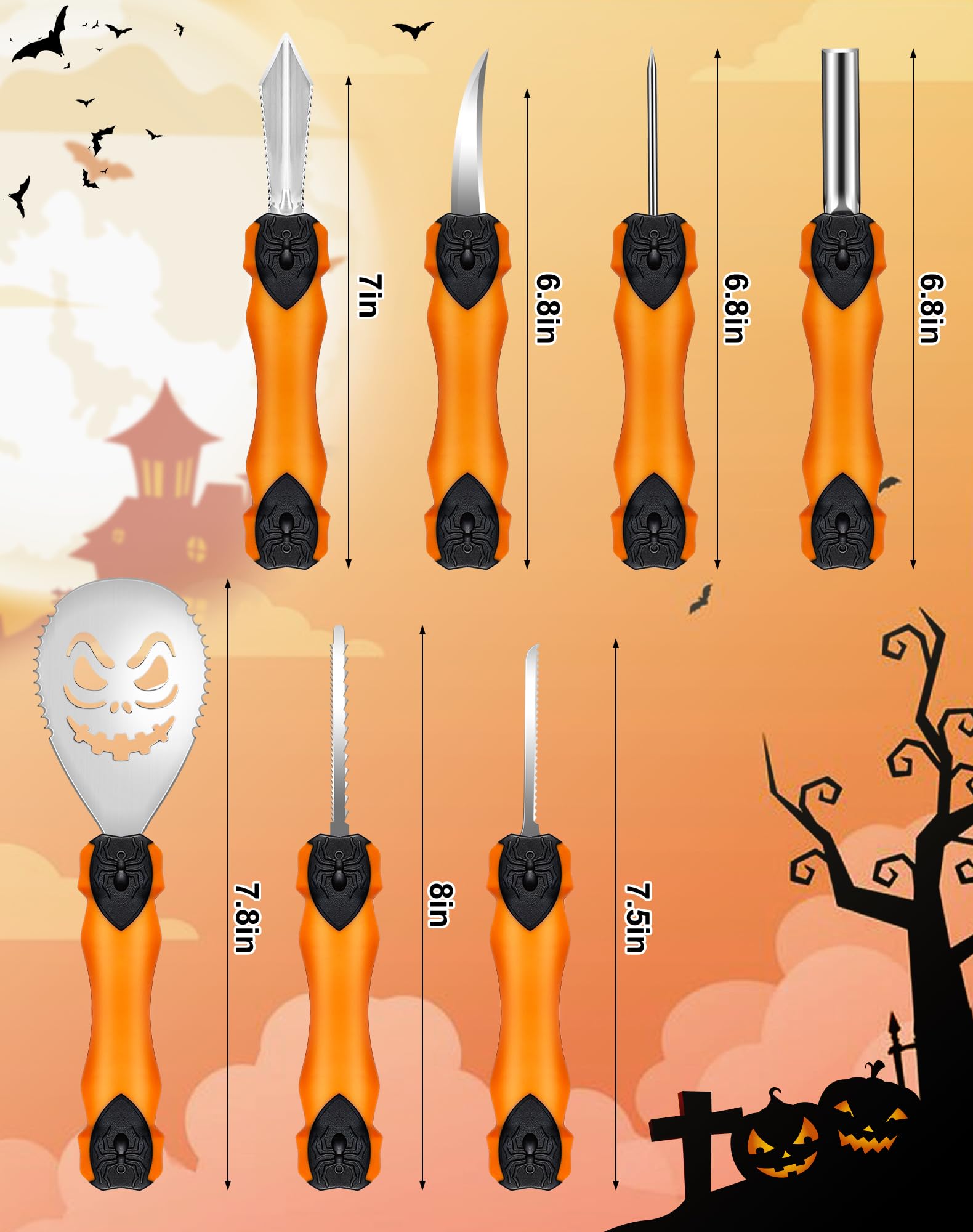 Pumpkin Carving Tools Kit, 7 Pcs Halloween Pumpkin Carving Kit Set with 12 Pcs Stickers, Professional Stainless Handle Tools with Carrying Case, Gift for Halloween Party Adults Kids