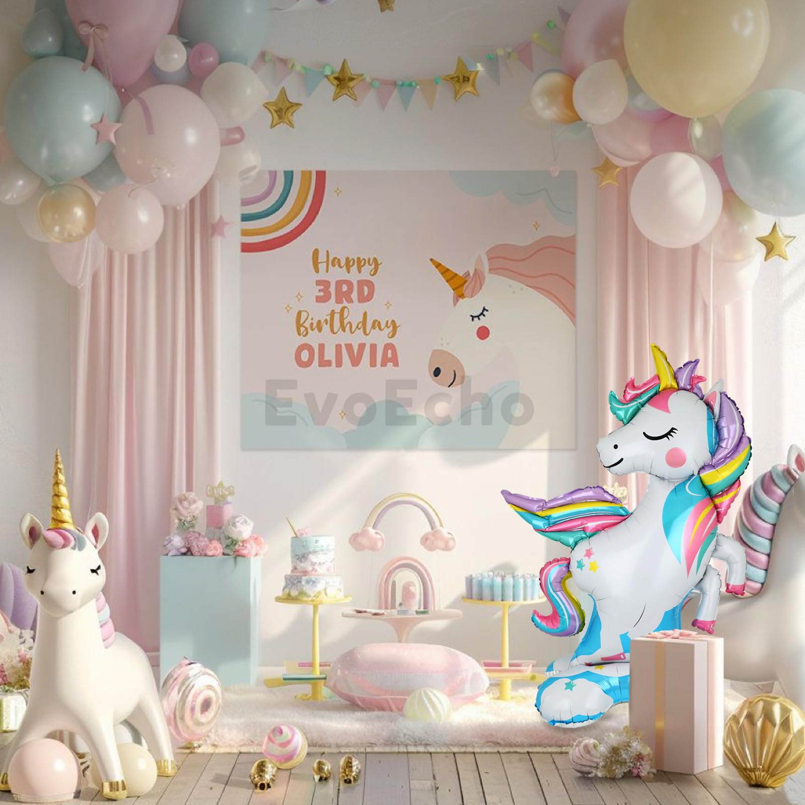 EvoEcho Stand Unicorn Balloons 3D Big Rainbow Unicorn Foil Balloon 1st Little Girl Birthday Party Unicorn Decorations Baby Shower Children's Day 46 Inch