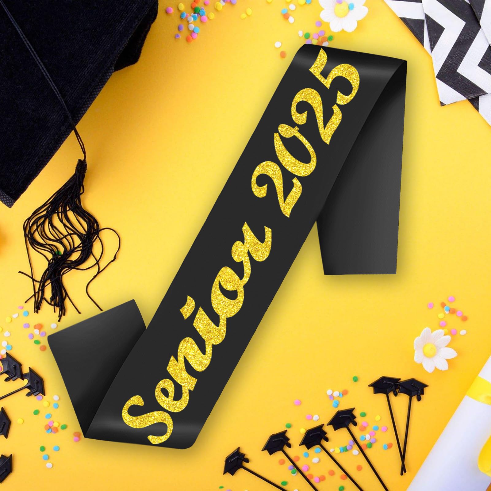 Generic Senior Sash 2025, Graduation Sash Black with Gold Glitter Letter, Finally Graduated, Class of 2025 Sash for Graduation Party, Cheerleader Party Celebration Decorations