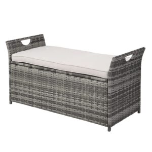 vingli 40 gallon wicker storage bench, patio cushion storage box with side handles, rattan deck box for garden tools, cushions, outdoor patio deck box for garden, poolside, grey