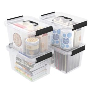 yuright 4 pack lidded storage boxes, 6 quart latch container bin with handle, clear