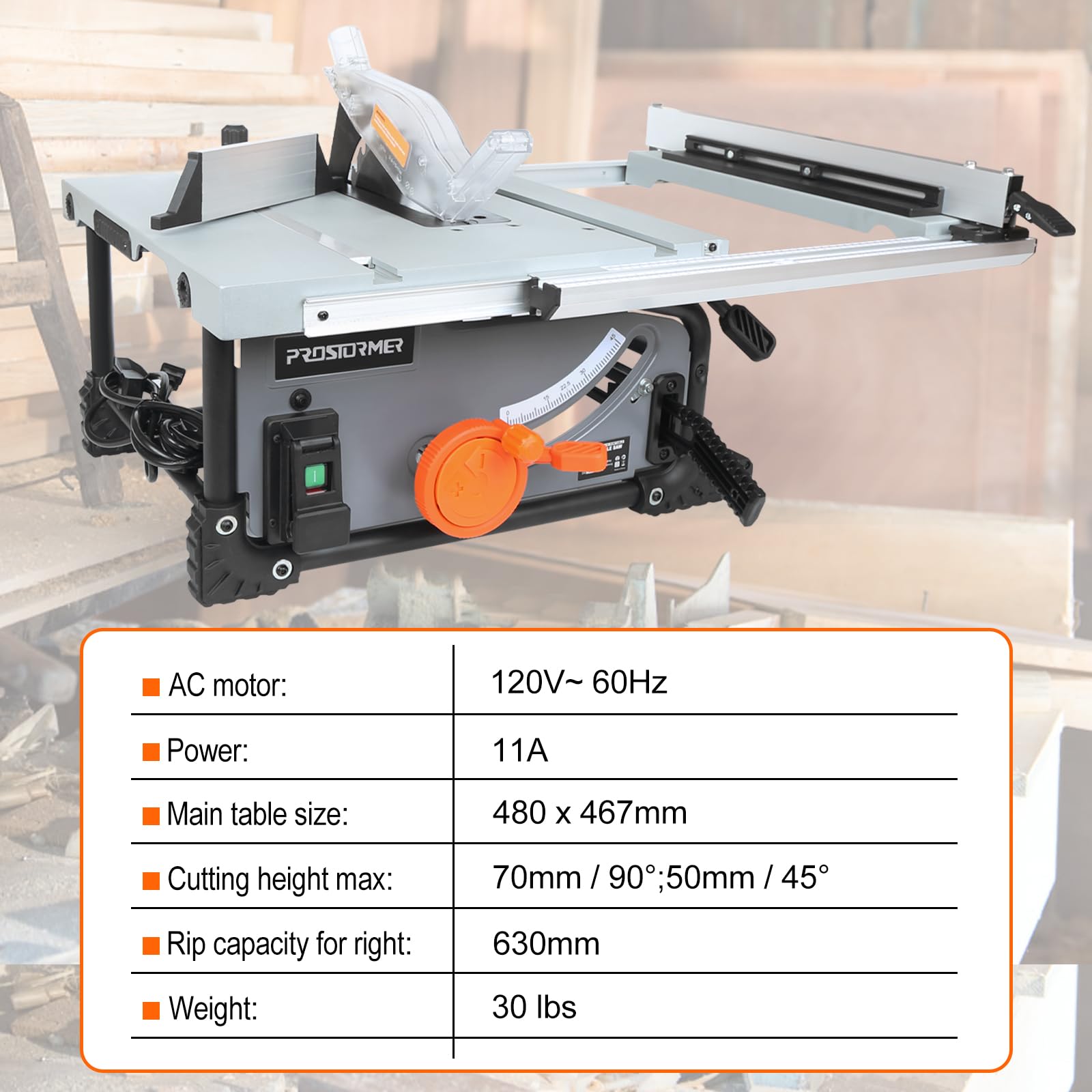 Prostormer Table Saw, 8inch 11Amp, Cutting Speed up to 4500RPM, Portable Compact Tablesaw with Sliding Miter Gauge, Benchtop Saw for DIY Woodworking and Furniture Making