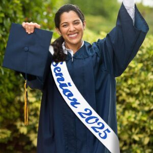 Generic Senior Sash 2025, Graduation Sash White with Blue Glitter Letter, Finally Graduated, Class of 2025 Sash for Graduation Party, Cheerleader Party Celebration Decorations