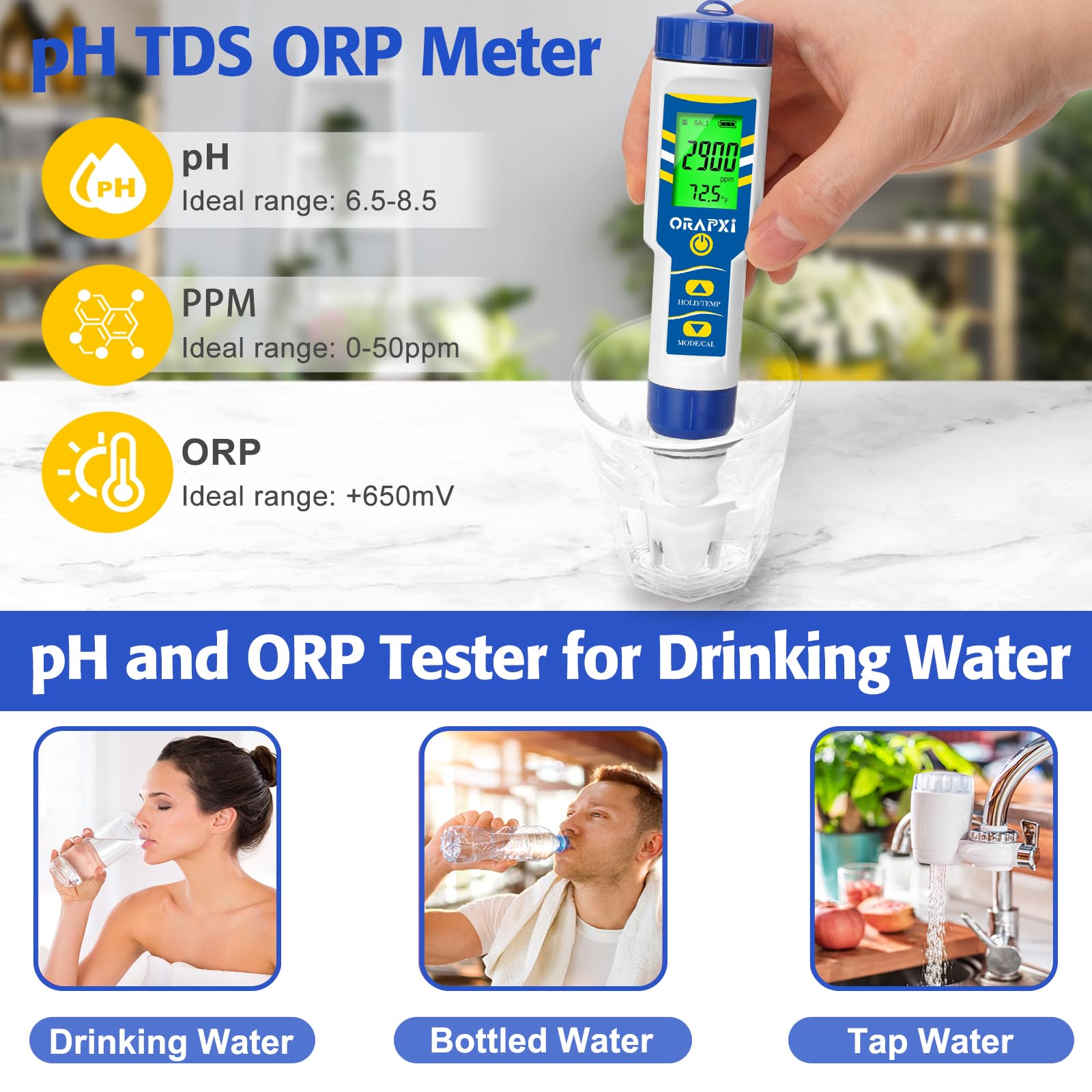 ORAPXI Pool Salt Tester Salinity Meter 6 in 1- Salt Ph ORP TDS EC Temp Meter pH Meter for Pool Salt pH ORP Tester pH and EC Tester for Hydroponics, Saltwater Pool, Hot Tubs, Aquarium