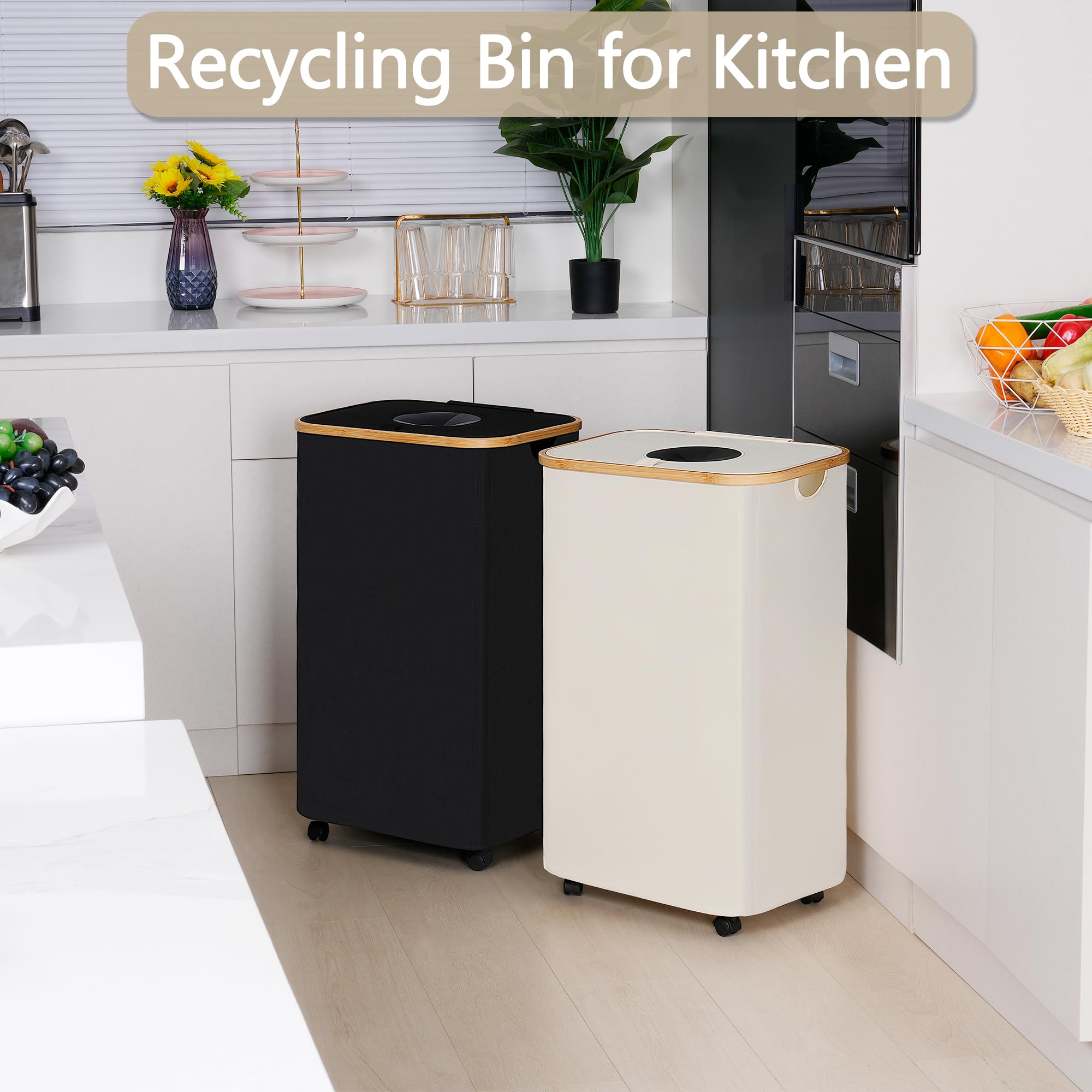 efluky Recycle Bins for Kitchen 100L (26 Gallon), Recycling Bin with Wheels and 2 Removeable and Reusable Inner Bags, Kitchen Recycling bin with lid for Bottle Can Plastice Stickers, Black