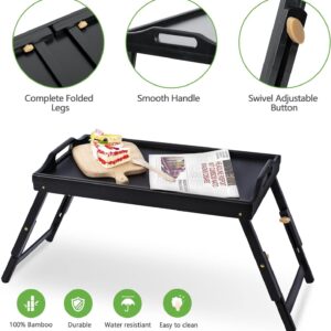 Mayyol Large Breakfast Bed Tray for Eating - Height Adjustable Raised Food Table - Bamboo Serving Tray on Lap Sofa - Portable Snack Platter with Folding Legs Ideal for Bedroom Picnic - Black