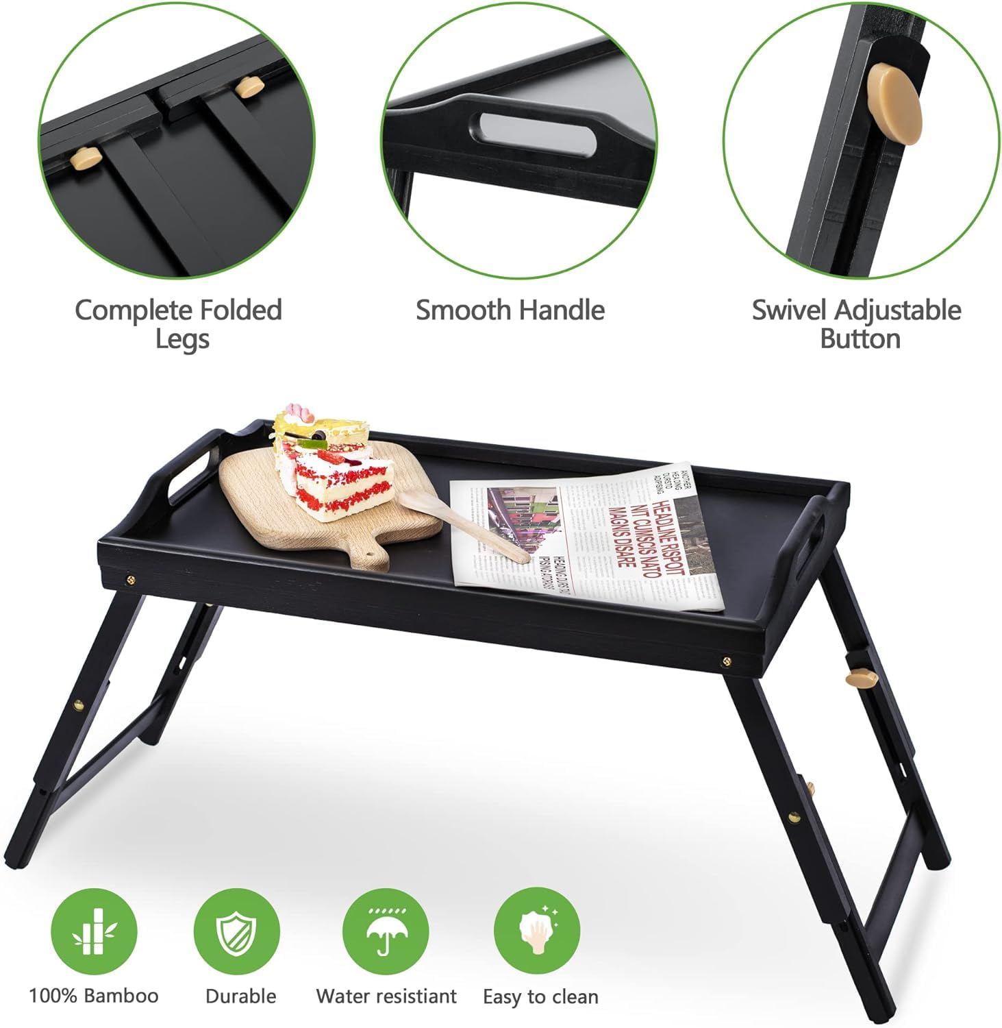 Mayyol Large Breakfast Bed Tray for Eating - Height Adjustable Raised Food Table - Bamboo Serving Tray on Lap Sofa - Portable Snack Platter with Folding Legs Ideal for Bedroom Picnic - Black