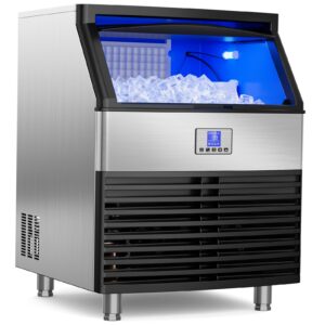 commercial ice machine, 450 lbs/24h, under counter ice machine with 120 lbs storage, stainless steel freestanding ice maker machine ice cube ready in 8-12 mins, self cleaning with water filter