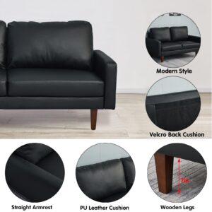 INSTORY Leather Sofa Modern Couch with Wooden Legs for Living Room, Office-Black