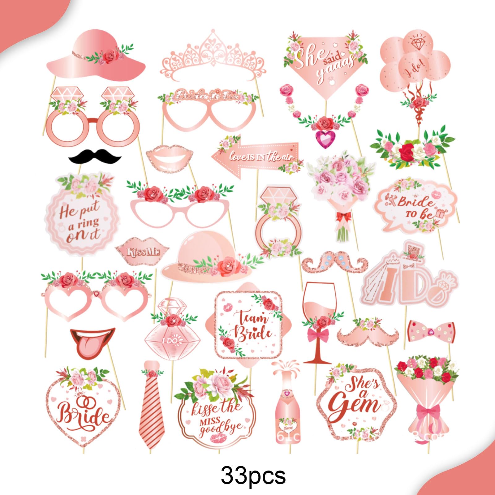 33PCS Bridal Shower Photo Booth Props,Pink Bachelorette Photo Props for Bachelorette Party Decorations