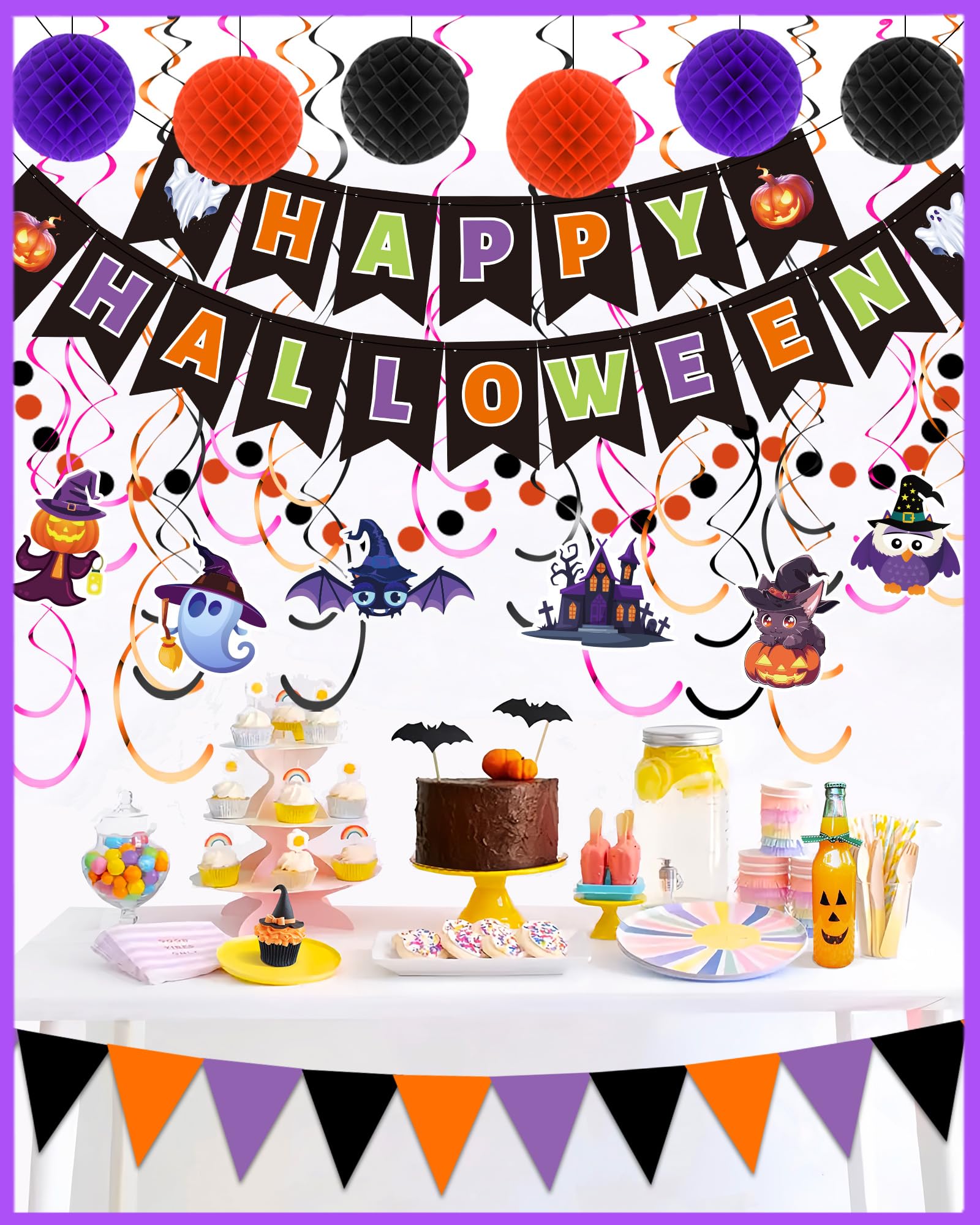 Happy Halloween Banner Halloween Party Decorations Indoor, Paper Pom Poms Triangle Flag Halloween Sign Hanging Garland Swirls Halloween Streamers for Trunk or Treat Decorations