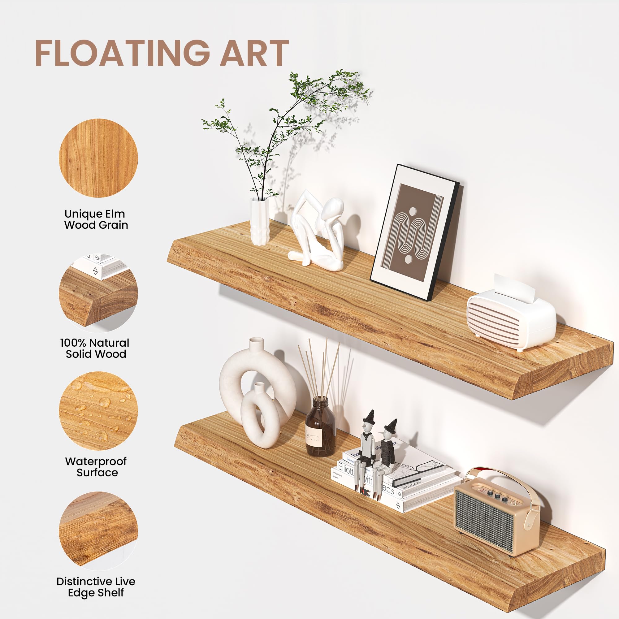 Fun Memories 36 Inch Floating Shelves Set of 2, 9.3" Deep Solid Elm Wood Floating Display Shelves, Wall Decor Shelves with Invisible Heavy-Duty Metal Bracket for Living Room Bedroom Kitchen, Natural