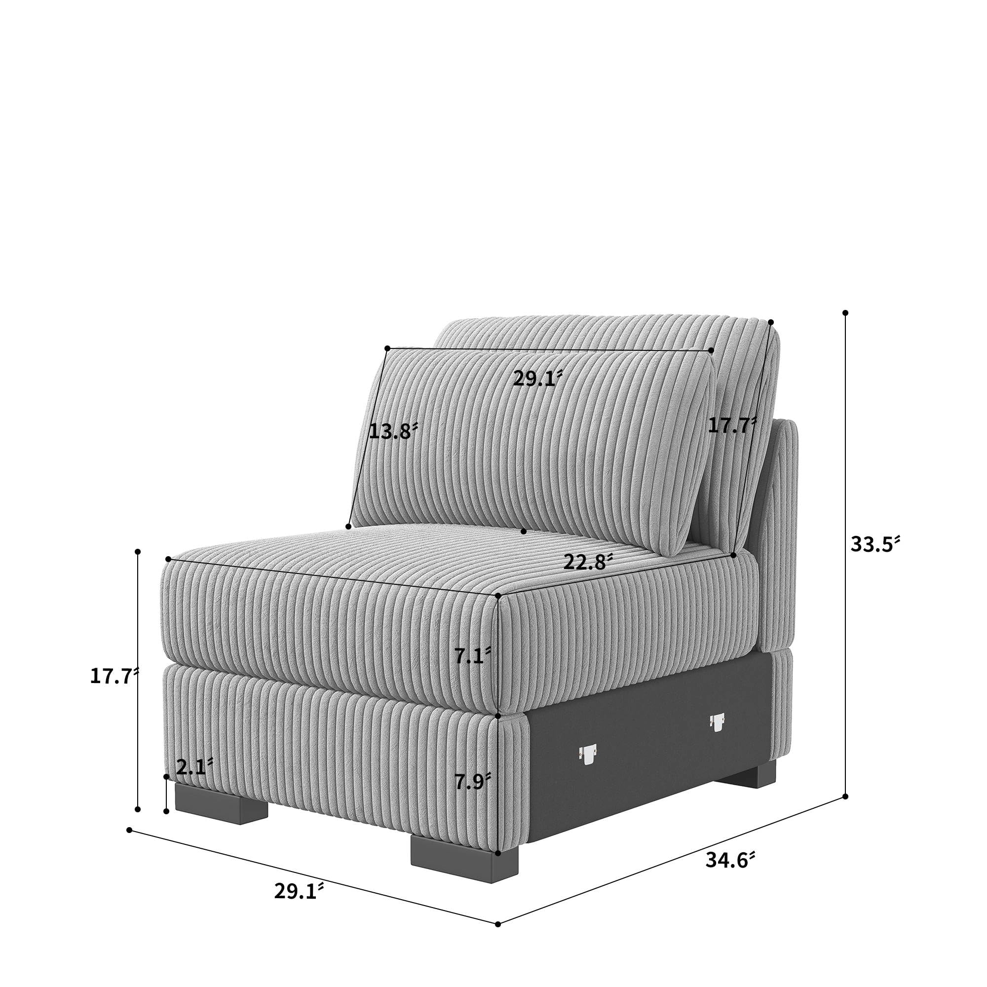 Nynsley Corduroy Middle Seating Modular Sectional Couch Module Parts Convertible Modern Sectional Sofa Couch Accent Armless Chair, Removable and Washable Pillowcases,Grey