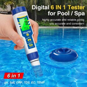 ORAPXI Pool Salt Tester Salinity Meter 6 in 1- Salt Ph ORP TDS EC Temp Meter pH Meter for Pool Salt pH ORP Tester pH and EC Tester for Hydroponics, Saltwater Pool, Hot Tubs, Aquarium