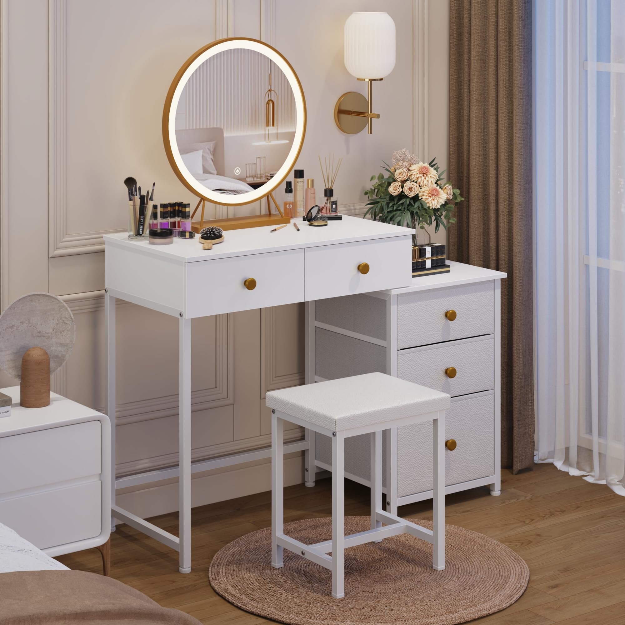 DSAFGGY Vanity Desk with Lighted Mirror and Stool, Makeup Vanity with 5 Drawers(3 Fabric), 3 Lighting Modes LED Mirror, Vanity Table for Bedroom Dresser Vanity Set, Girls Women Gift, White, 40.4" W