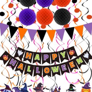 Happy Halloween Banner Halloween Party Decorations Indoor, Paper Pom Poms Triangle Flag Halloween Sign Hanging Garland Swirls Halloween Streamers for Trunk or Treat Decorations