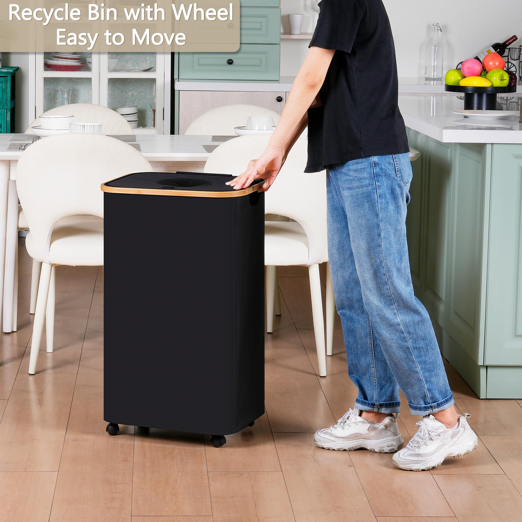 efluky Recycle Bins for Kitchen 100L (26 Gallon), Recycling Bin with Wheels and 2 Removeable and Reusable Inner Bags, Kitchen Recycling bin with lid for Bottle Can Plastice Stickers, Black