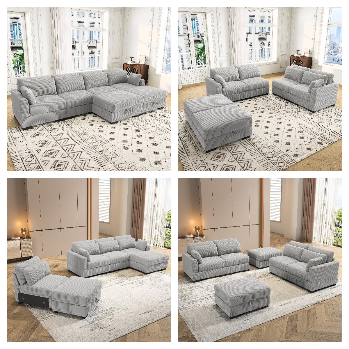 Nynsley Corduroy Middle Seating Modular Sectional Couch Module Parts Convertible Modern Sectional Sofa Couch Accent Armless Chair, Removable and Washable Pillowcases,Grey