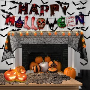 halloween decorations indoor set, 52pcs halloween party decorations, halloween 3d bats |spiderweb table runner & cobweb fireplace mantel scarf | spooky happy halloween banner for home indoor decor