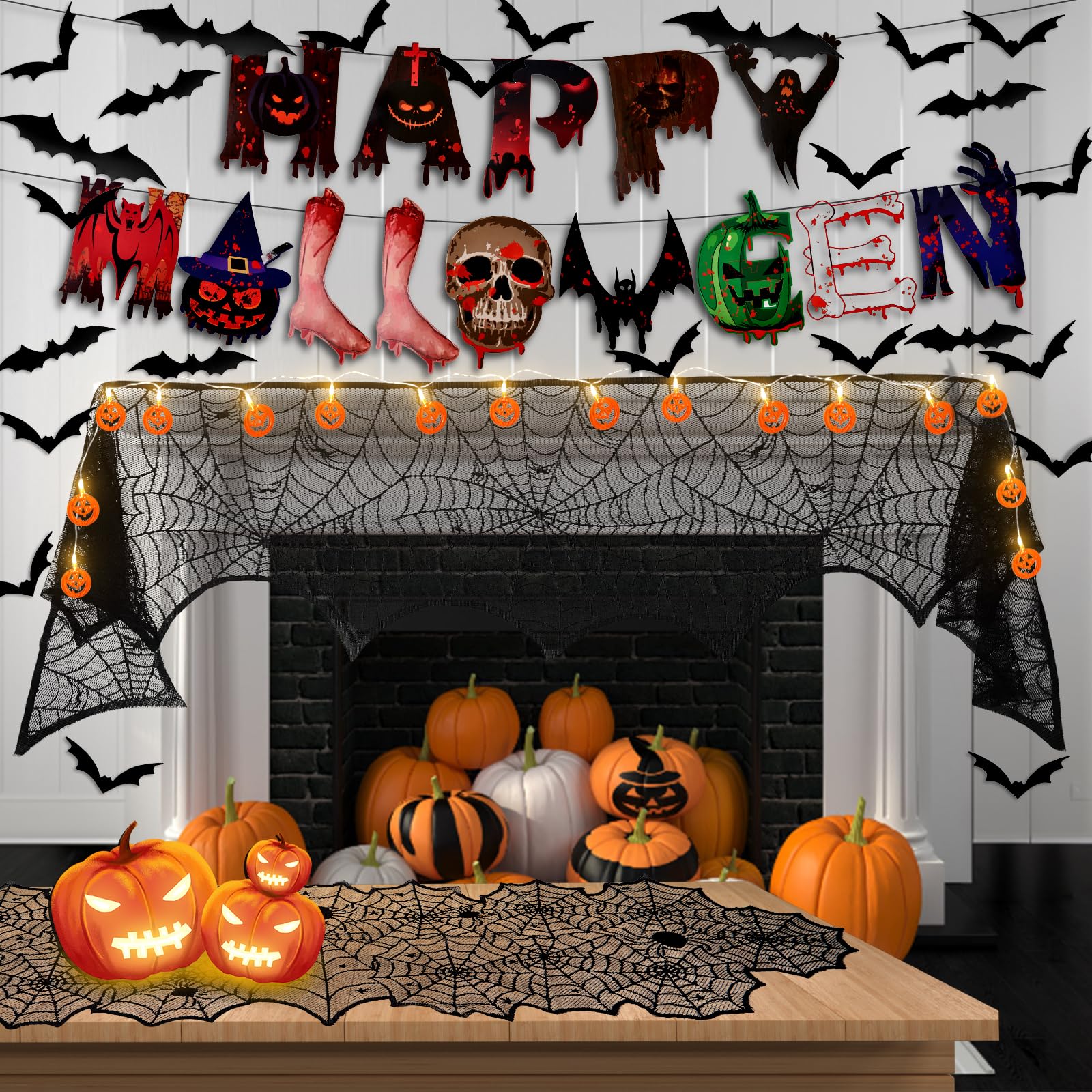 Halloween Decorations Indoor Set, 52pcs Halloween Party Decorations, Halloween 3D Bats |Spiderweb Table Runner & Cobweb Fireplace Mantel Scarf | Spooky Happy Halloween Banner for Home Indoor Decor