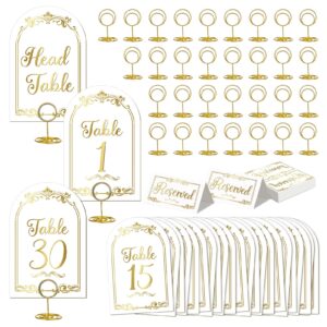 zhouboat 31 sets arch gold white table number cards with holders and reserved seating signs, double sided gold foil table number 1-30 and head table 4x6 inch birthday wedding reception table signs