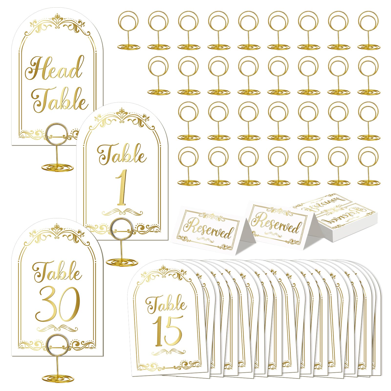 ZhouBoat 31 Sets Arch Gold White Table Number Cards with Holders and Reserved Seating Signs, Double Sided Gold Foil Table Number 1-30 and Head Table 4x6 Inch Birthday Wedding Reception Table Signs