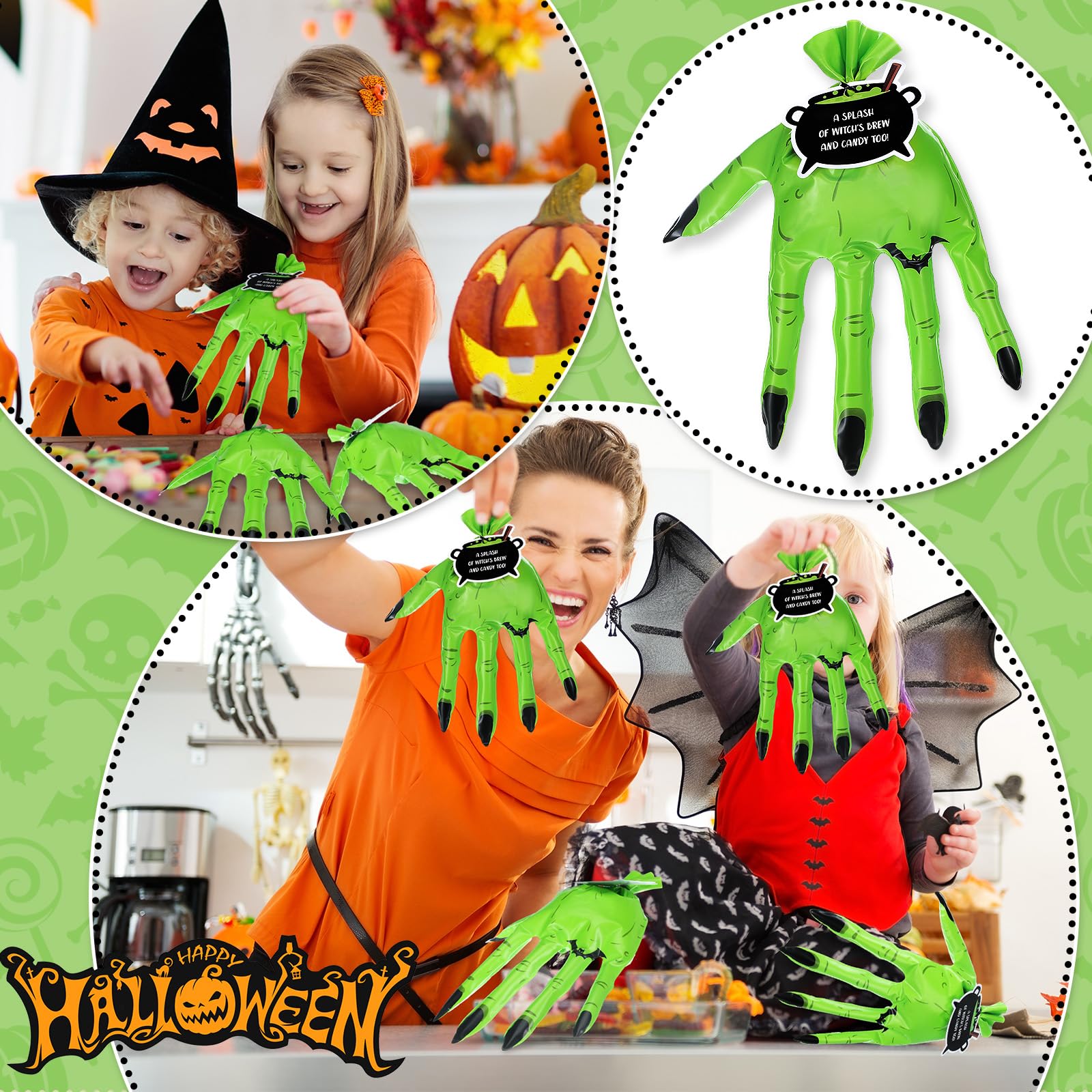 MotiMind 50 Pcs Halloween Treat Bags Trick or Treat Goodie Bags Witch Hand Shaped Candy Bag with Twist Ties Brew Cauldron Card, Snack Cookie Bag for Trick or Treat Halloween Party Favors Supplies